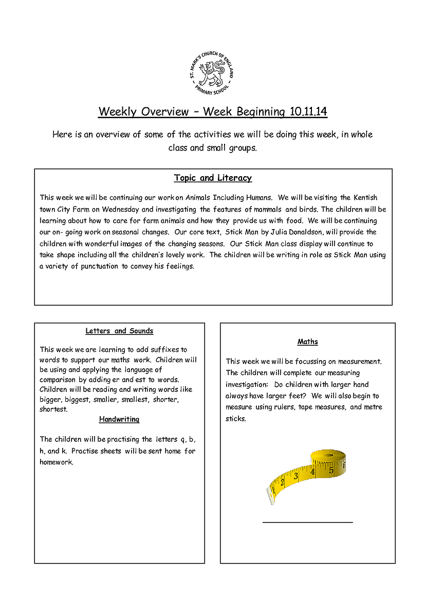 Sapphire Class Weekly Overviews - St Mark's C of E Primary School