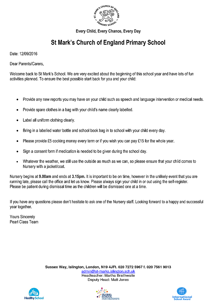 Pearl Class Letter 2016 - St Mark's C of E Primary School