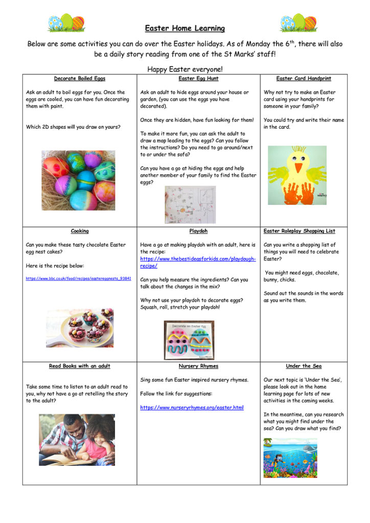 Pearl Class Easter Home Learning - St Mark's C of E Primary School