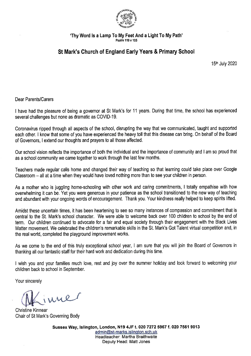 End Of Year Letter From The Chair Of Governors St Mark s C Of E End Of Year Letter From The Chair Of Governors St Mark s C Of E