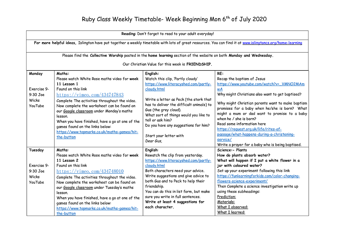 Ruby Class Timetable WB 06 07 20 St Mark s C Of E Primary School