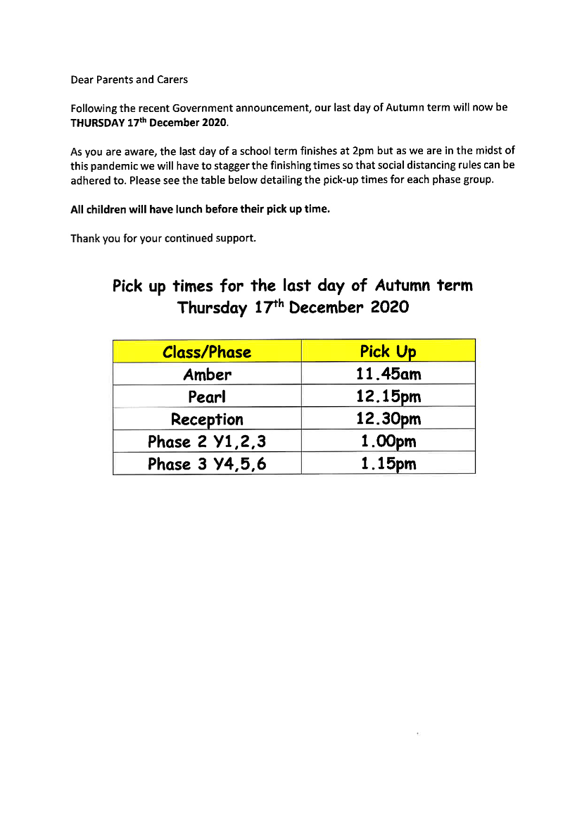 School pick up times tomorrow - St Mark's C of E Primary School