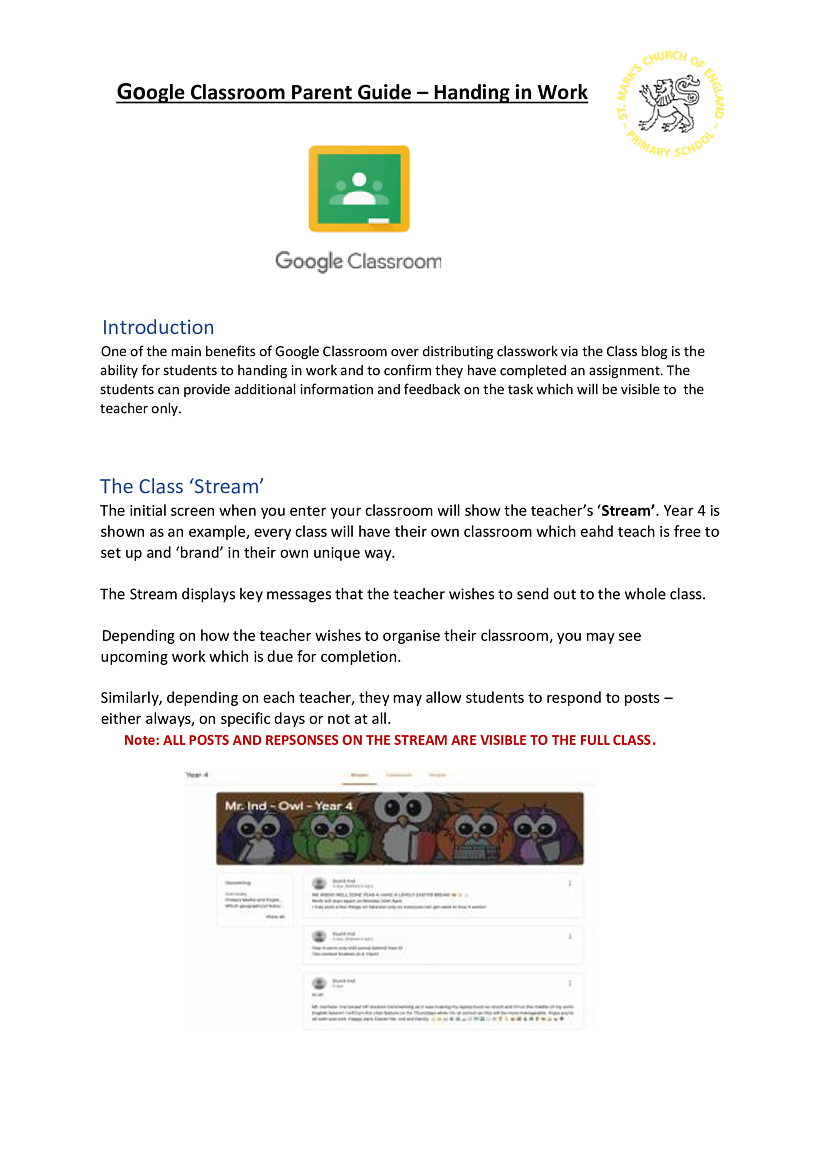 Google Classroom Guide to handing in work - St Mark's C of E Primary School