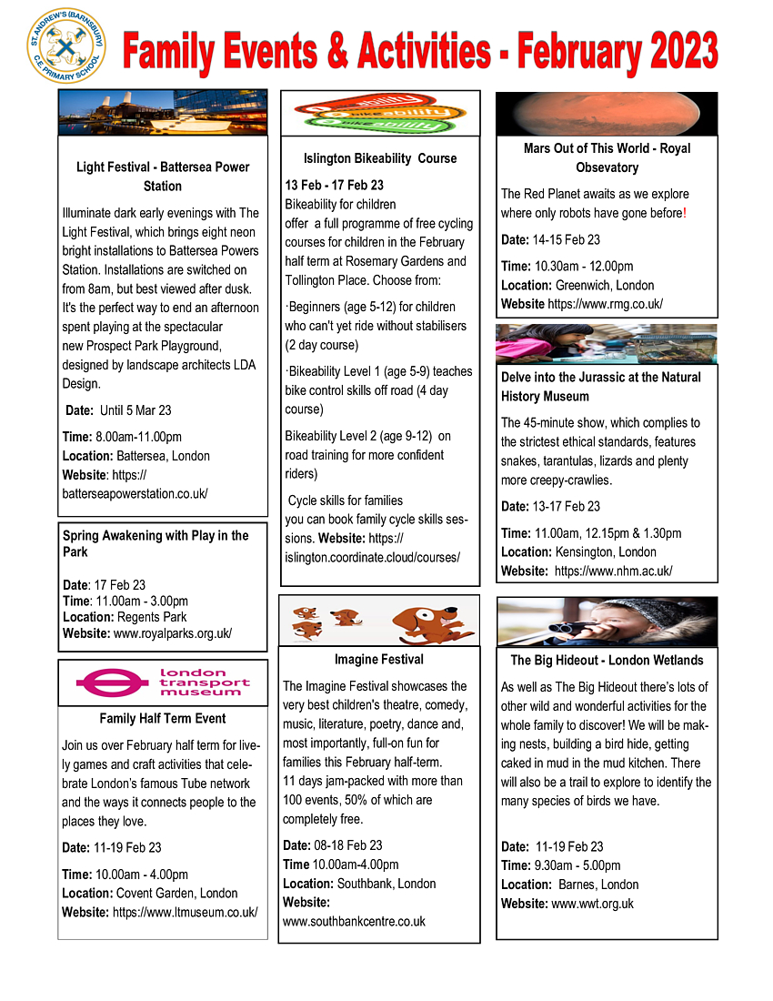 February Half Term Family Events and Activities - St Mark's C of E Primary School