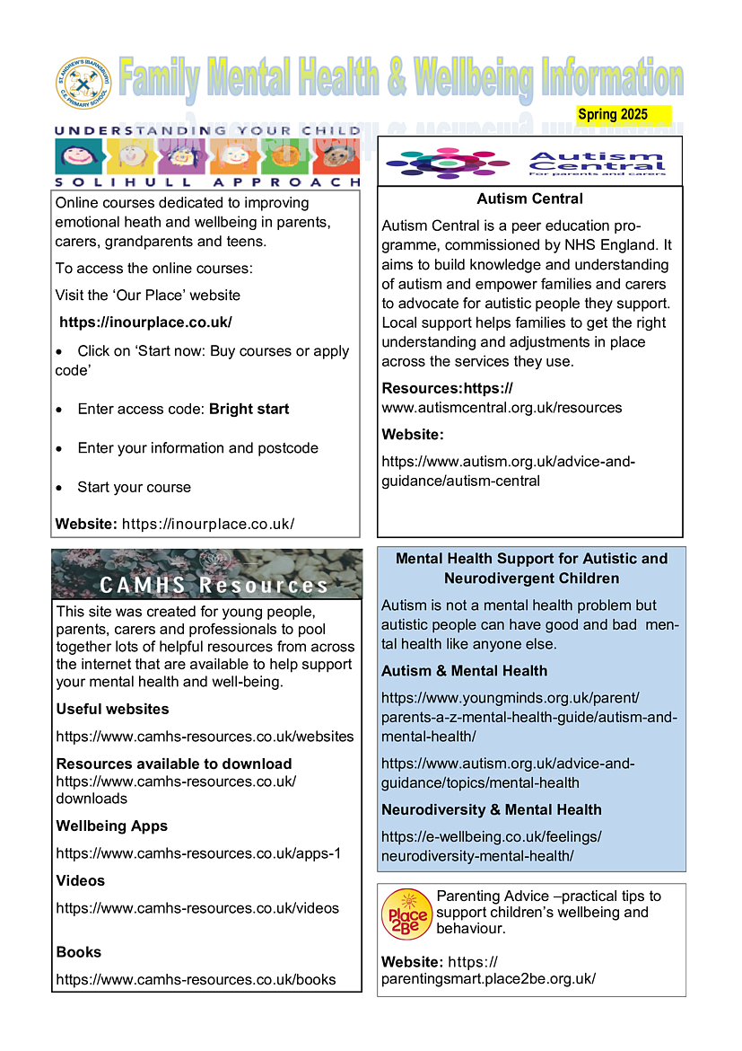 Family Support Mental Health & Wellbeing Information - St Mark's C of E ...